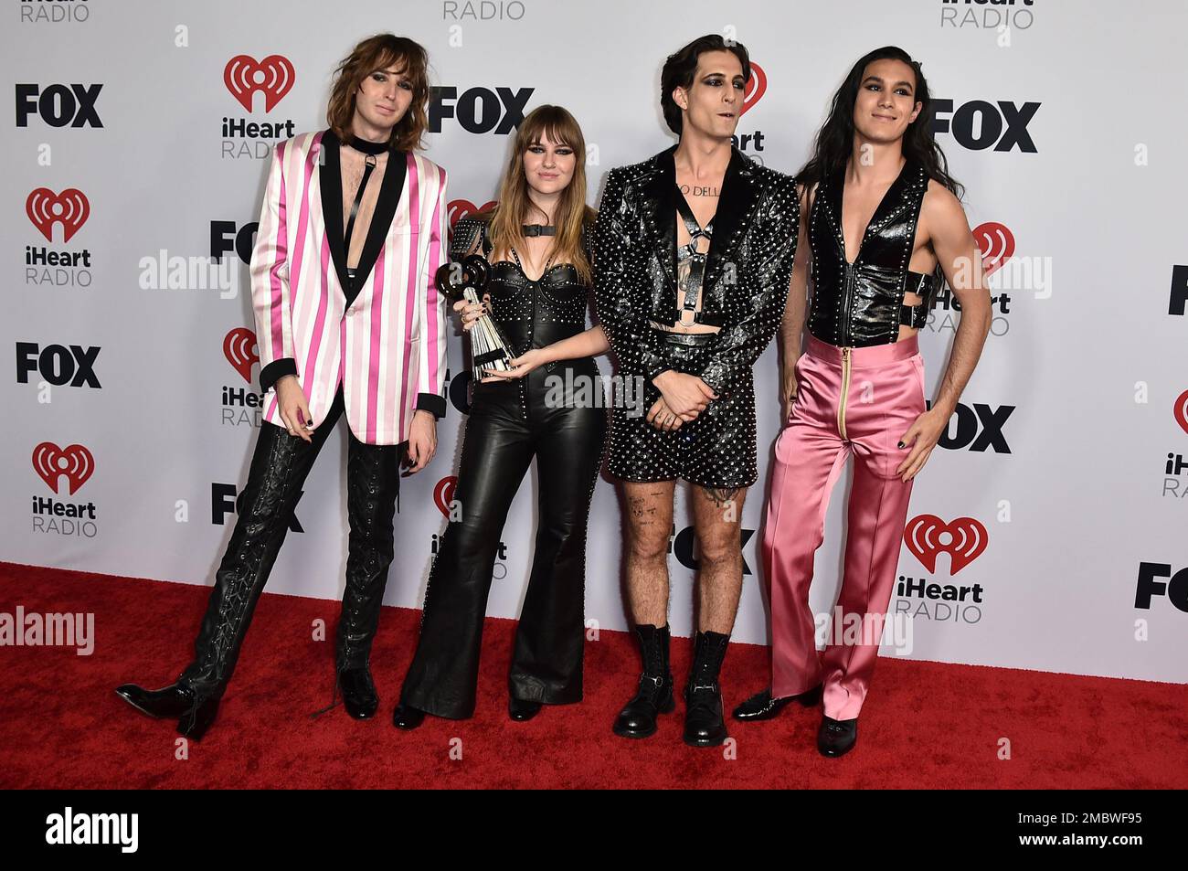 Thomas Raggi, from left, Victoria De Angelis, Damiano David and Ethan Torchio of Maneskin pose ...