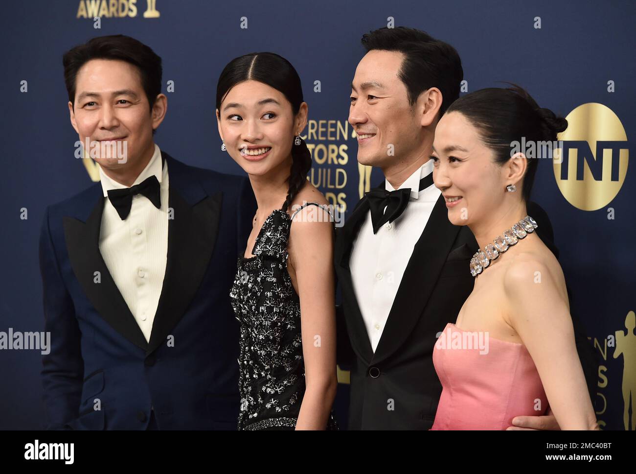 Lee Jung-jae, from left, Jung Ho-yeon, Park Hae-soo, and Kim Joo-ryeong ...