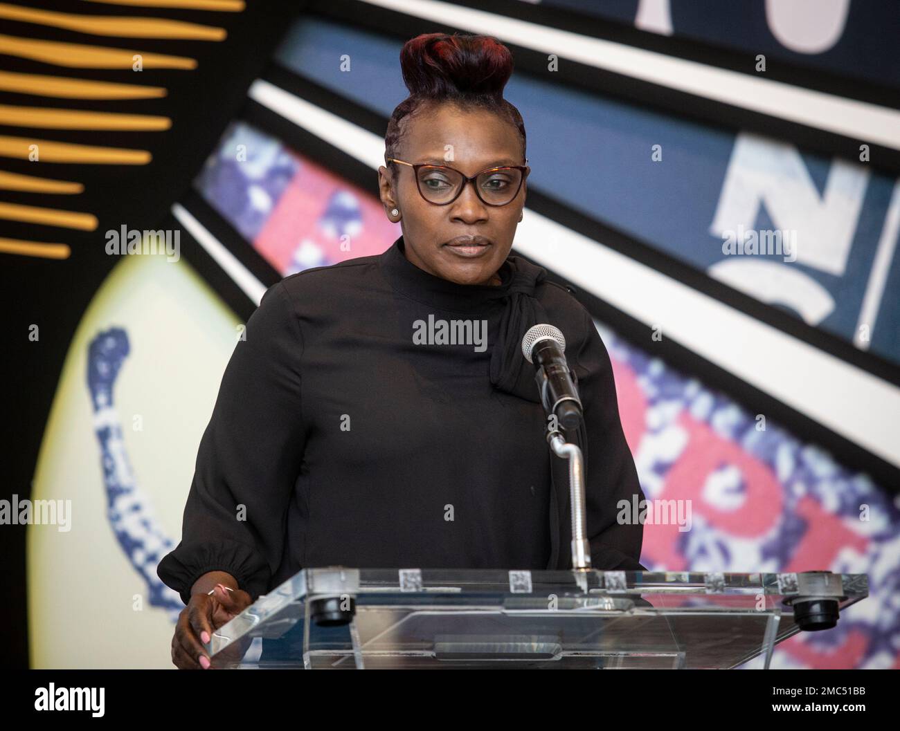 Wanda Cooper-Jones, the mother of Ahmaud Arbery, addresses an audience ...