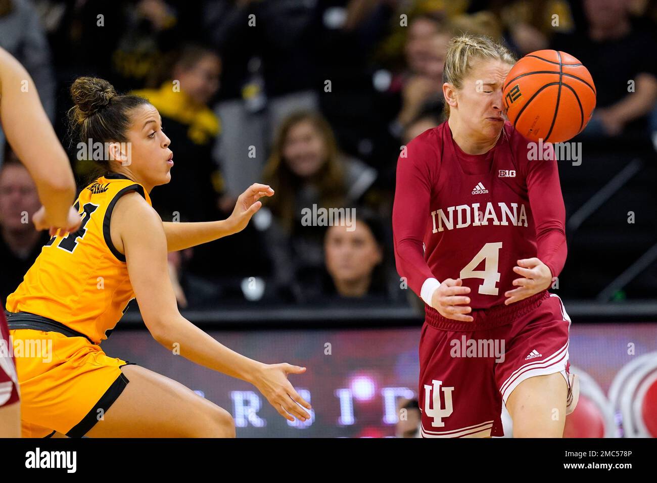 Indiana guard Nicole Cardano-Hillary (4) loses control of the ball ...