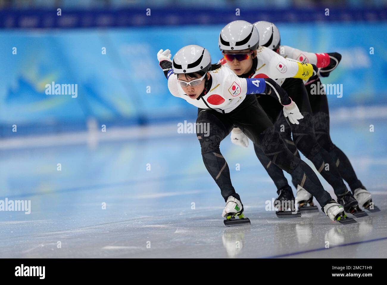 Team Japan, led by Nana Takagi, with Miho Takagi center and Ayano Sato ...