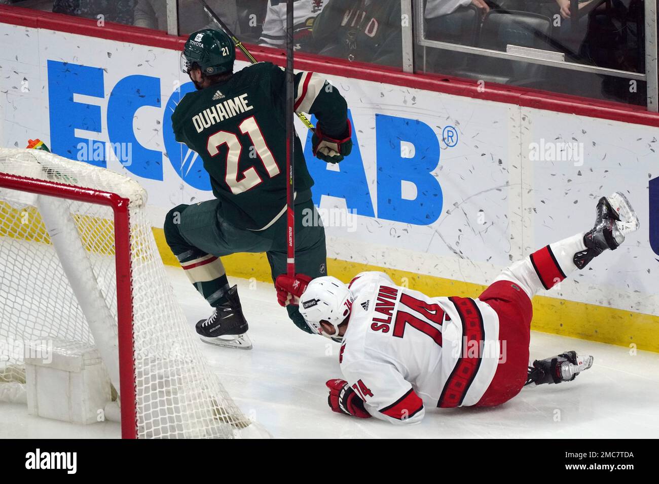 Minnesota Wild's Brandon Duhaime (21) leaves Carolina Hurricanes ...