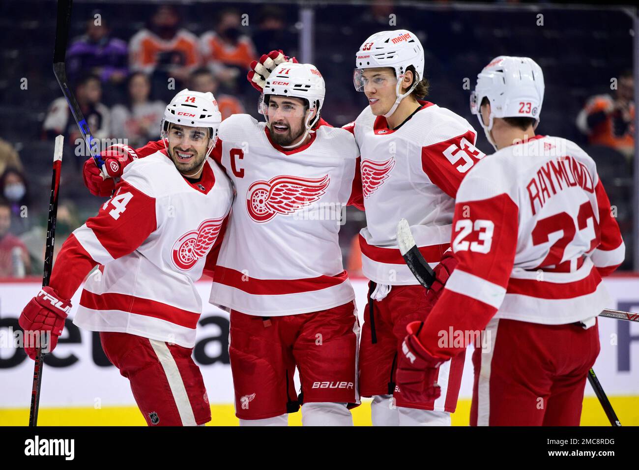 Detroit Red Wings' Robby Fabbri, Dylan Larkin, Moritz Seider and Lucas ...