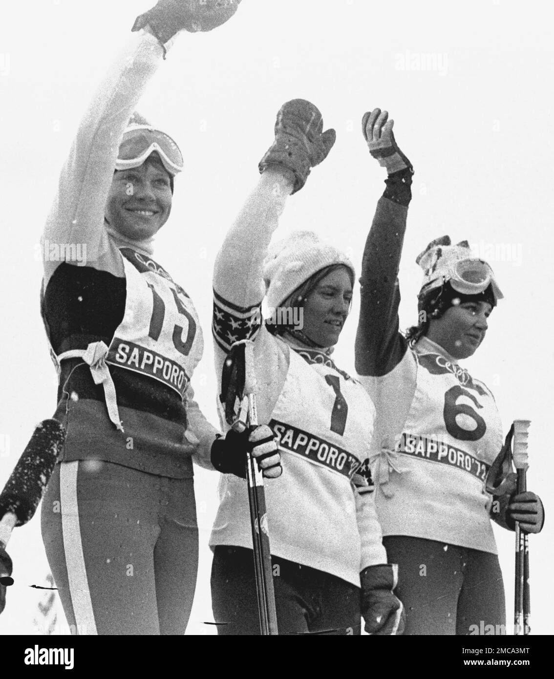 FILE - Barbara Ann Cochran, center, of the United States, winner of the ...