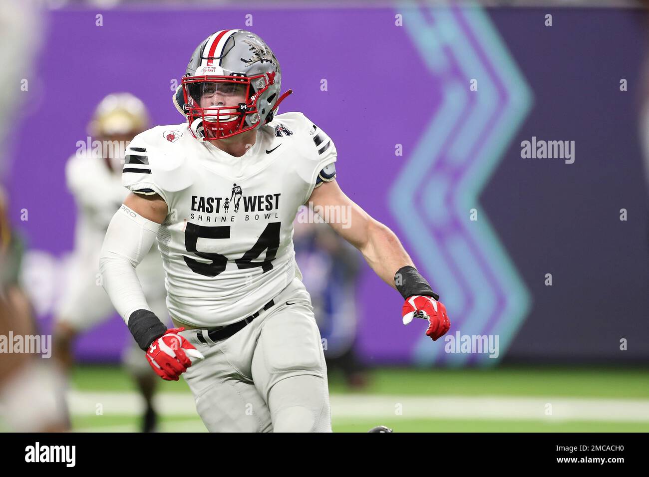 East linebacker Diego Fagot, of Navy, (54) in coverage against the West during the East West ...