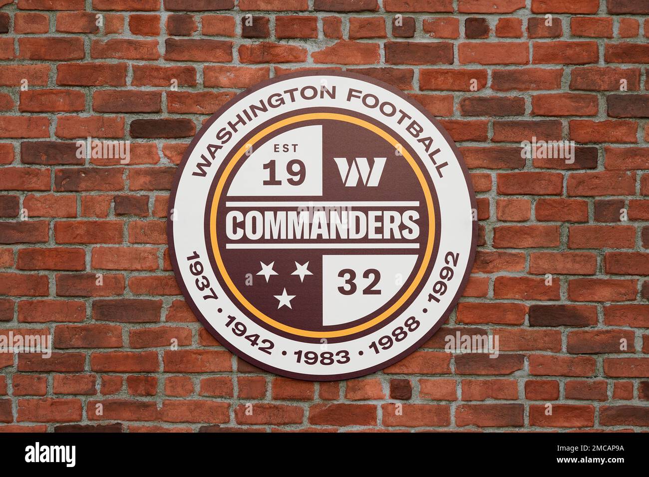 A Washington Commanders logo is displayed at an event to unveil the NFL ...