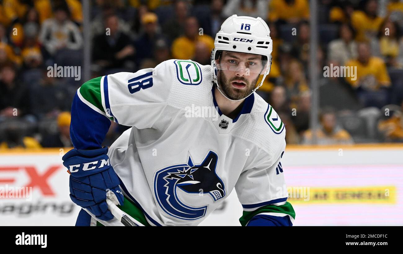 Vancouver Canucks center Jason Dickinson (18) plays against the ...