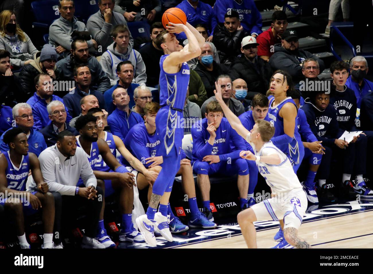 Creighton's Alex O'Connell (5) shoots as Xavier's Adam Kunkel (5 ...