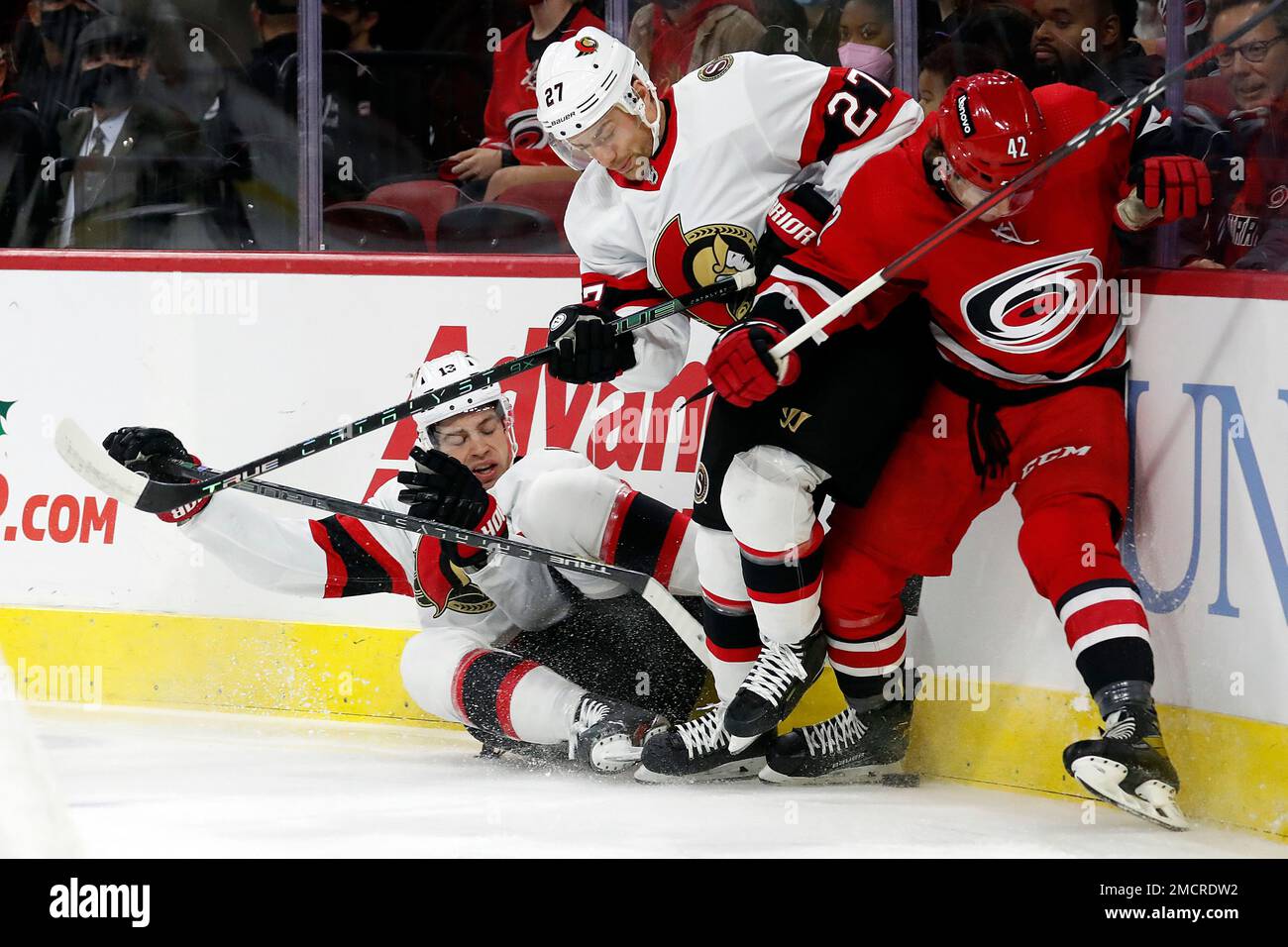 Ottawa Senators' Zach Sanford (13) joins teammate Dylan Gambrell (27 ...