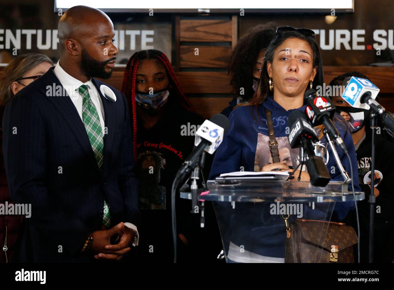 Tamala Payne, right, mother of Casey Goodson Jr., speaks during a news ...