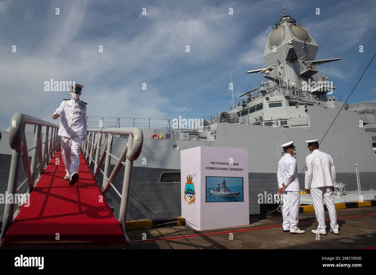Indian Navy officers stand on the deck of INS Visakhapatnam, the ...