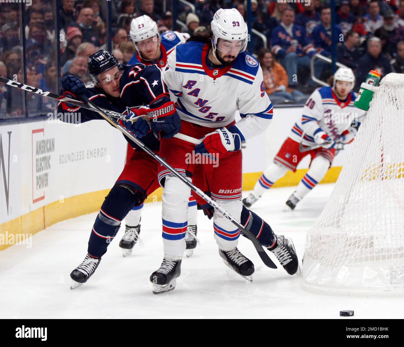 New York Rangers forward Mika Zibanejad, right, checks Columbus Blue ...