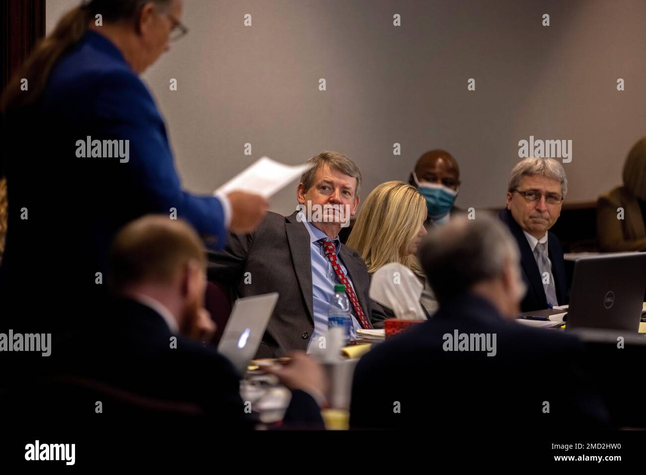 Defense attorney Kevin Gough, center, listens to defense attorney Franklin Hogue read a ...