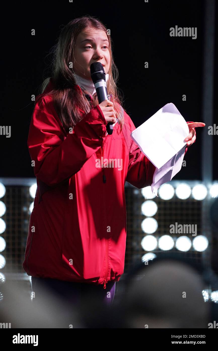 Swedish climate activist Greta Thunberg speaks on the stage of a ...