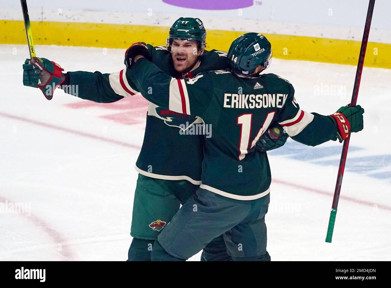 Minnesota Wild's Marcus Foligno, left, and Joel Eriksson Ek celebrate ...
