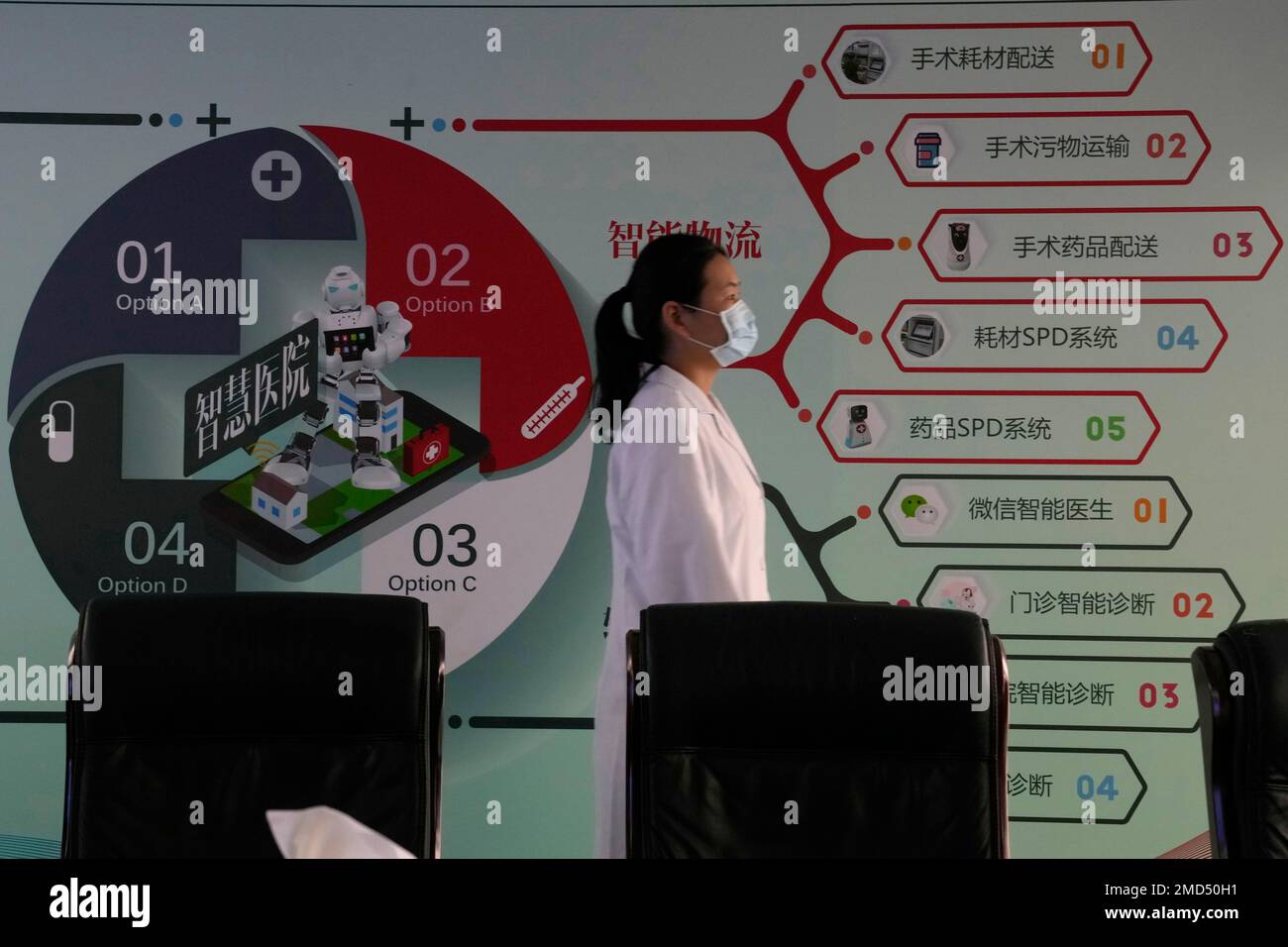 A worker walks by a chart showing the functions of the smart hospital ...