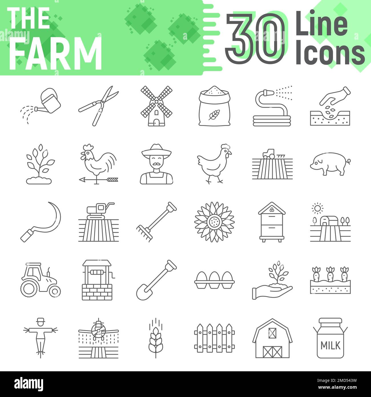 Farmen dünne Linien Symbolsatz, Landwirtschaft Symbolsammlung ...