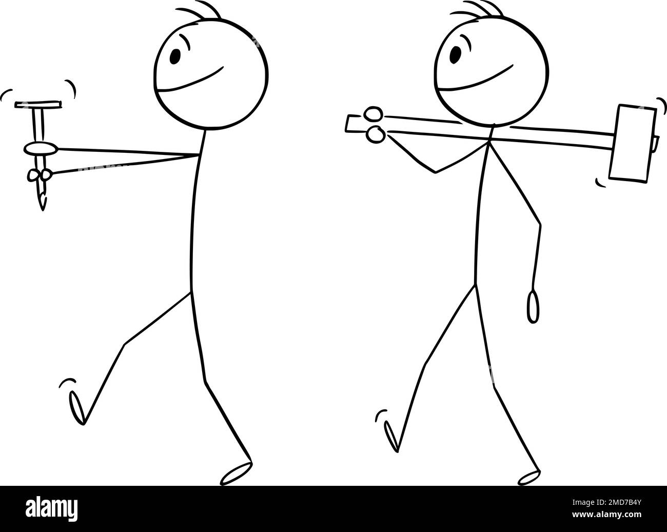 Zwei Arbeiter mit Nagel und Hammer, Vector Cartoon Stick Figure ...