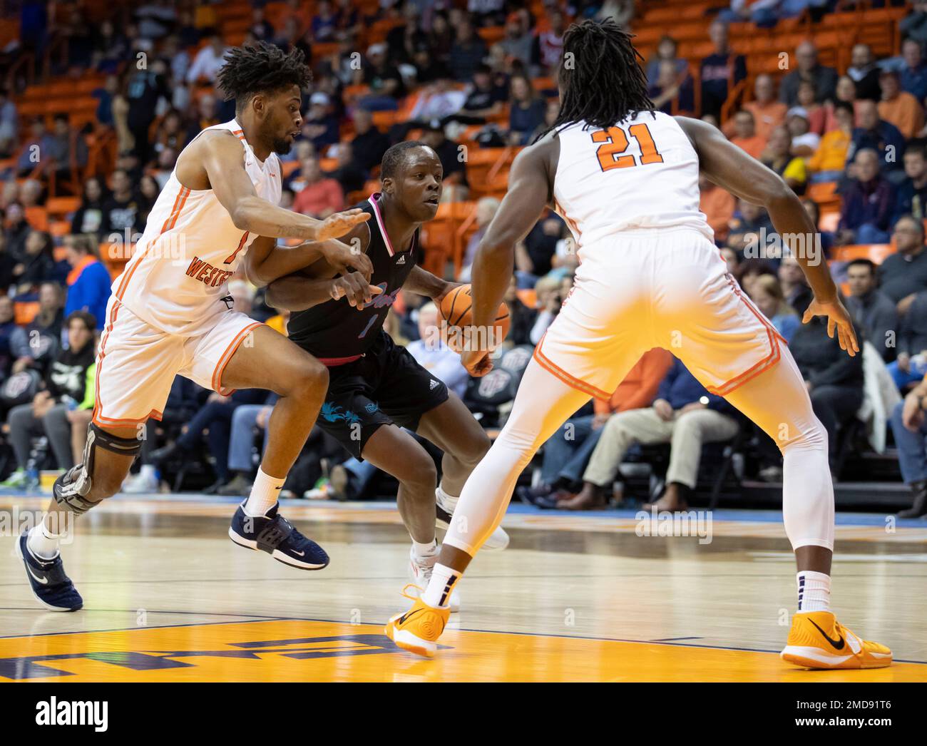 UTEP forward Jon Dos Anjos, left, ties up Florida Atlantic guard ...