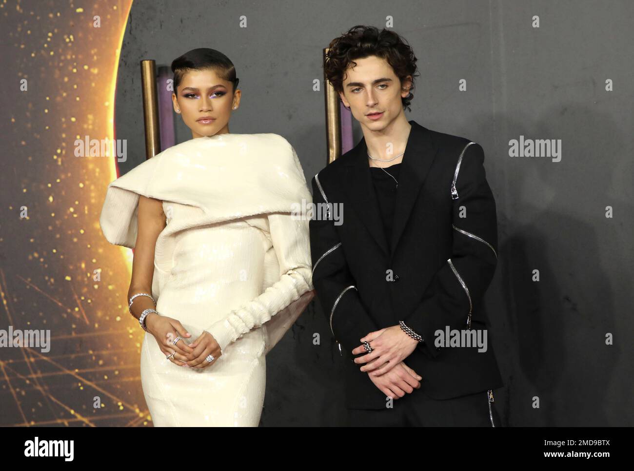 Zendaya, left, and Timothee Chalamet pose for photographers upon ...