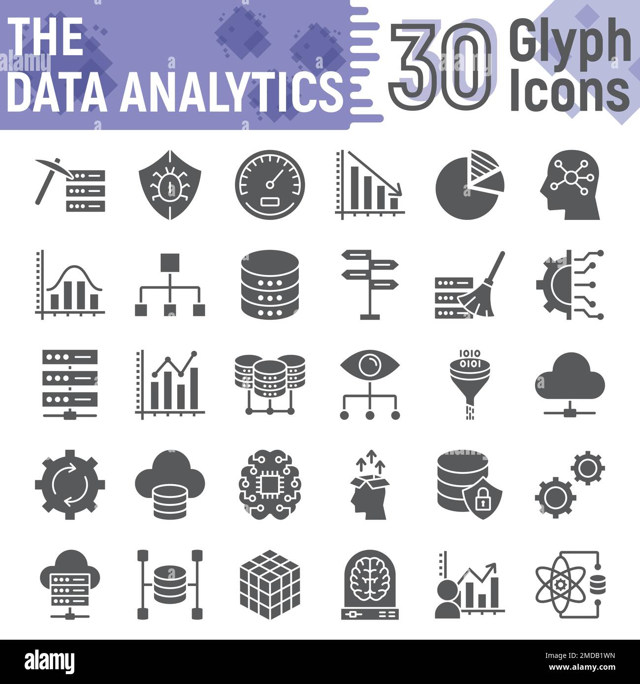 Symbolsatz für Glyphe für Datenanalyse, Sammlung von Datenbanksymbolen ...