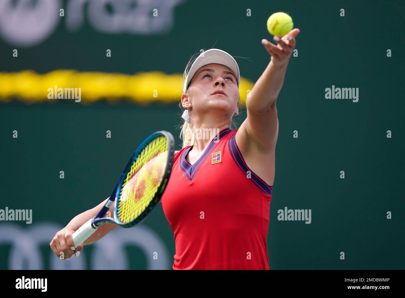 Marta Kostyuk, of Ukraine, serves to Simona Halep, of Romania, at the ...