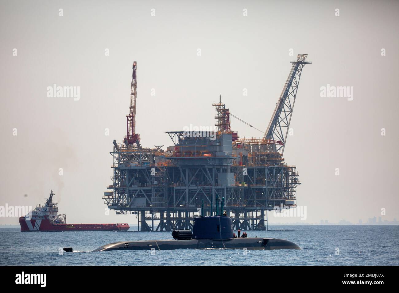An oil platform in Israel's offshore Leviathan gas field is seen from ...