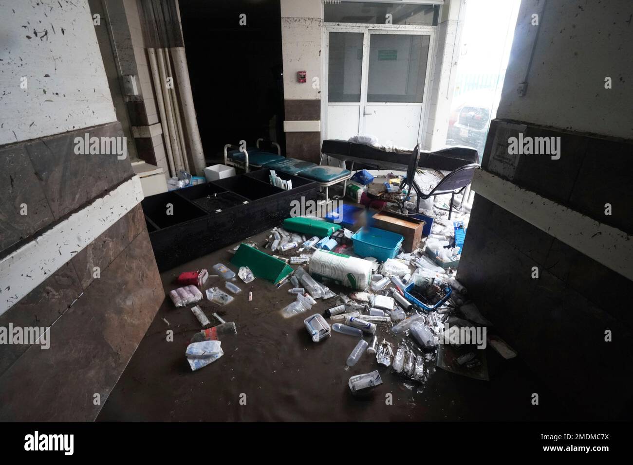 Flooded halls, damaged beds and medical equipment are seen in the ...
