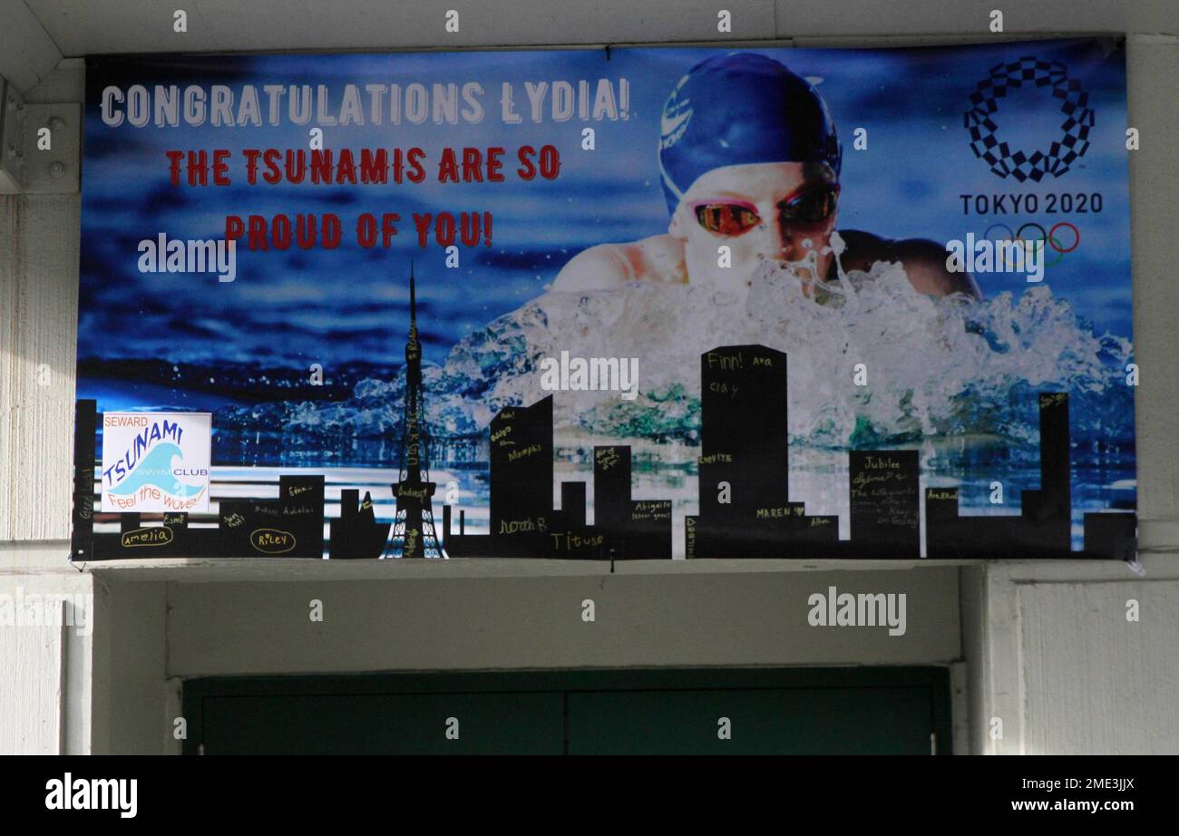 A sign of congratulations for Olympic swimmer Lydia Jacoby hangs above ...