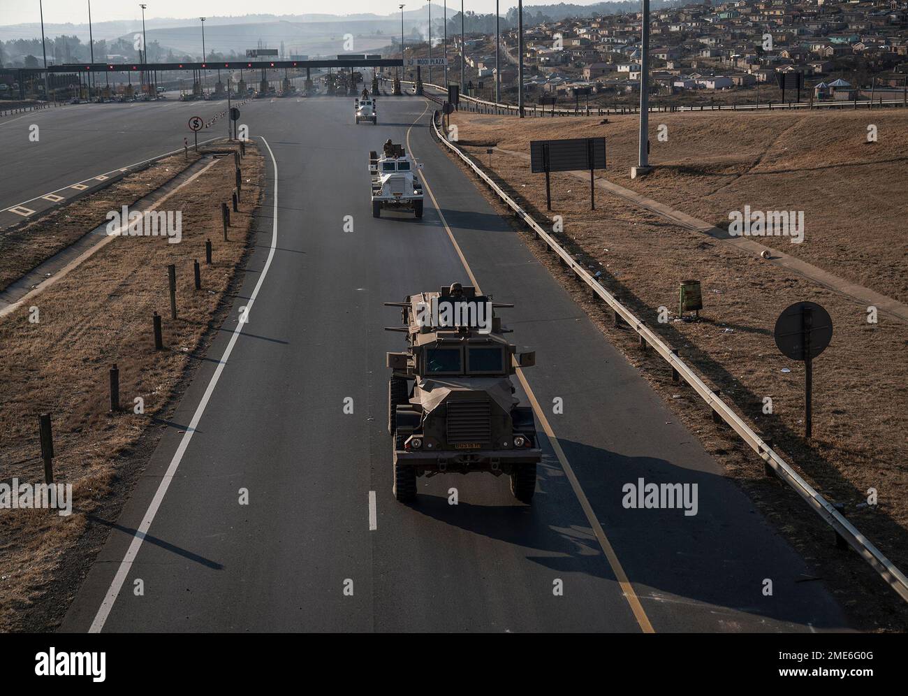 Military vehicles are seen on the N3 Highway near Durban, South Africa ...
