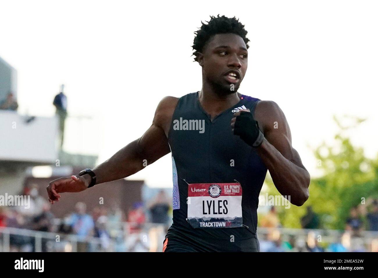 Noah Lyles competes in the second semi-final of the men's 100-meter run ...