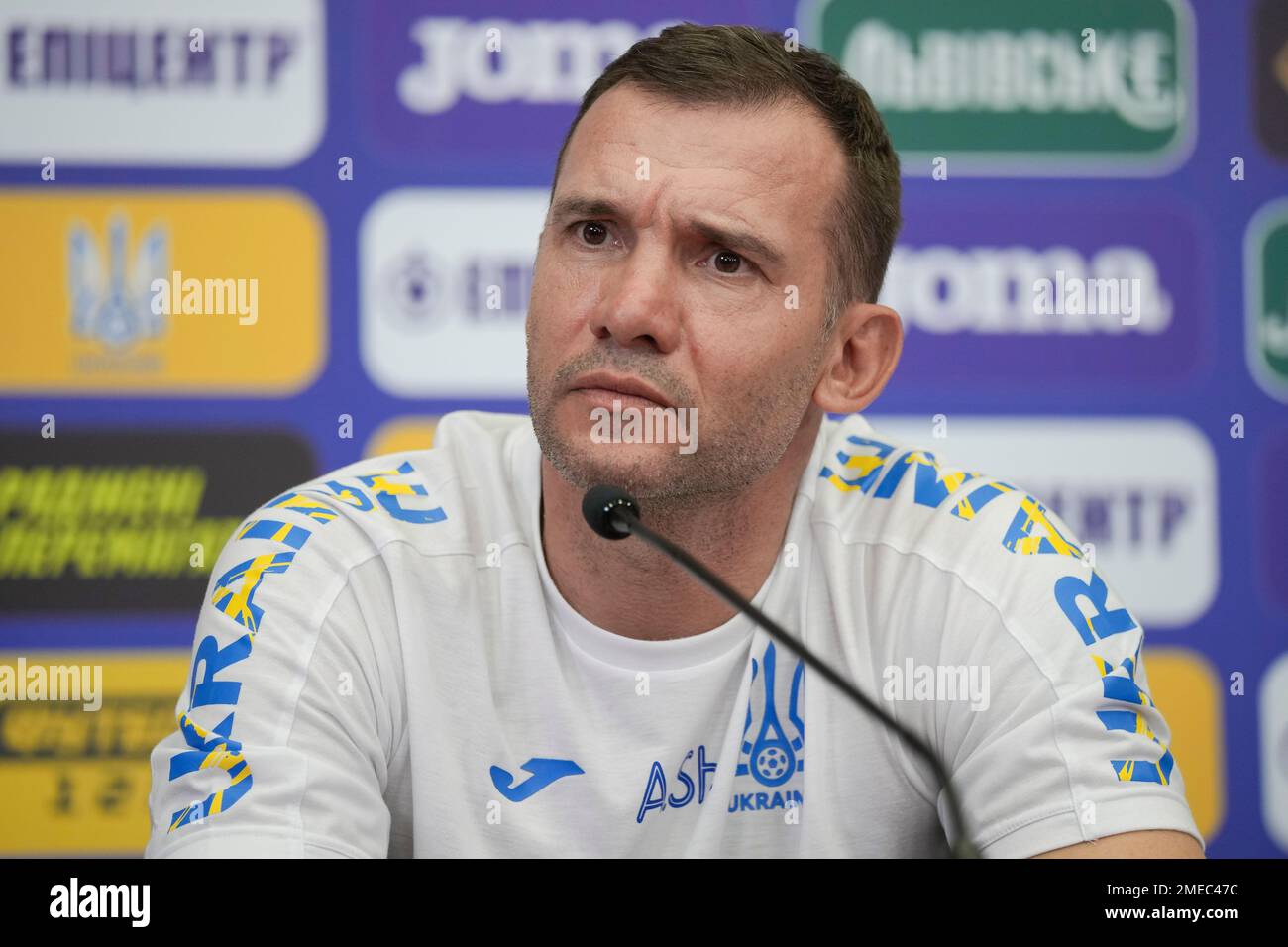 Ukraine's national soccer team head coach Andriy Shevchenko listens to ...