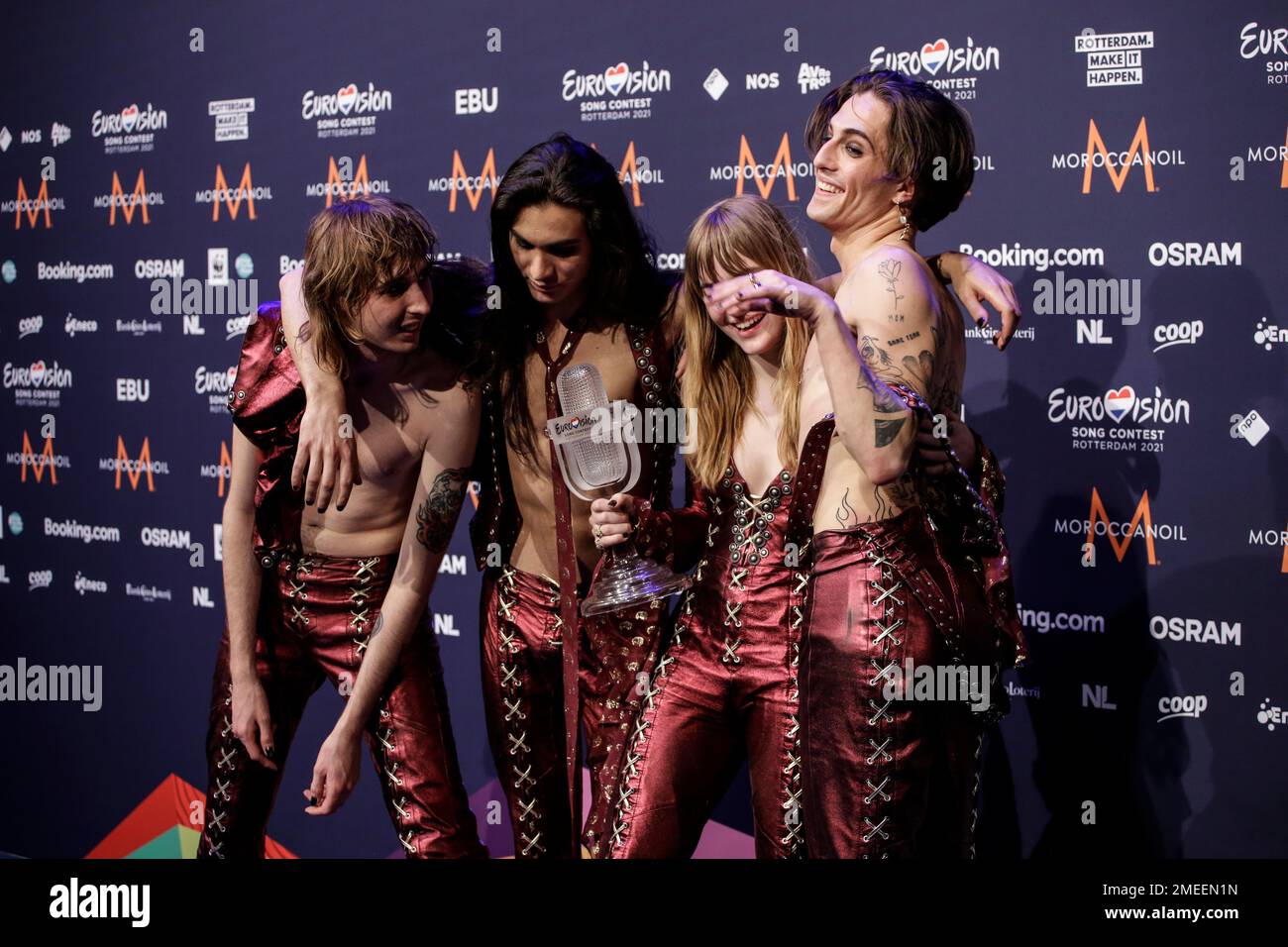 Members of the band Maneskin from Italy Thomas Raggi, from left, Ethan Torchio, Victoria De ...