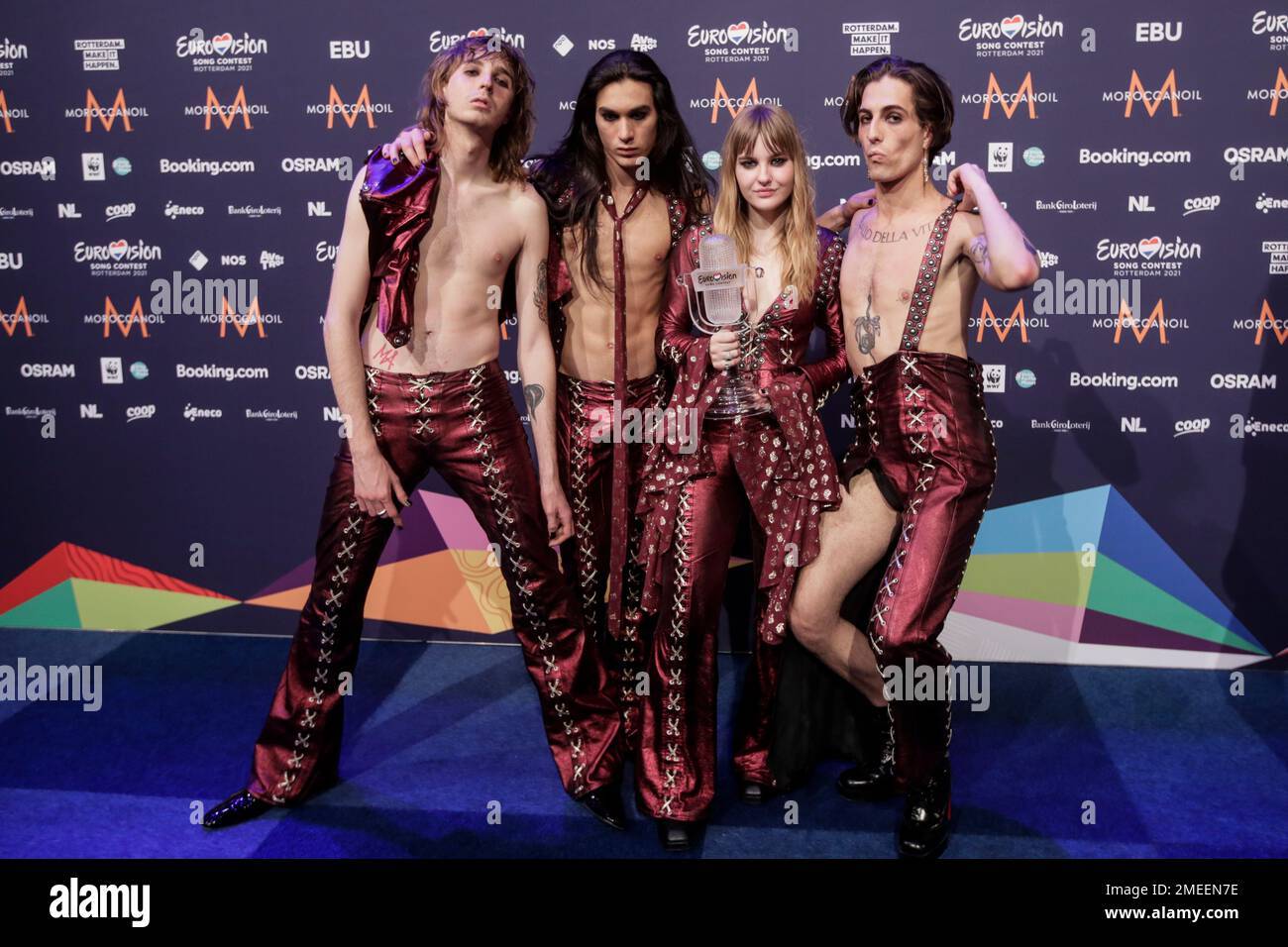 Members of the band Maneskin from Italy Thomas Raggi, from left, Ethan Torchio, Victoria De ...