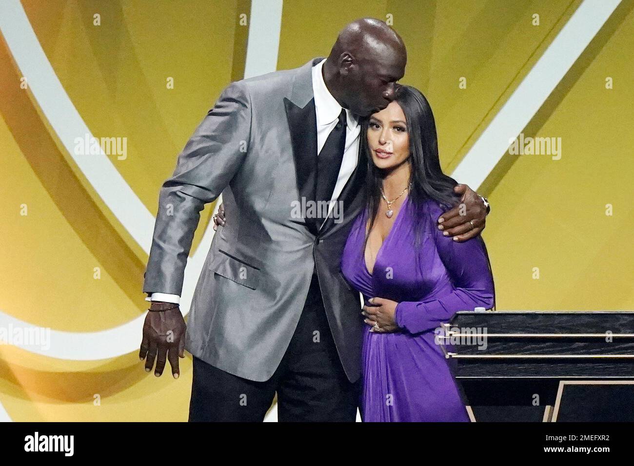 Presenter Michael Jordan kisses Vanessa Bryant on the head after Bryant spoke on behalf of her ...
