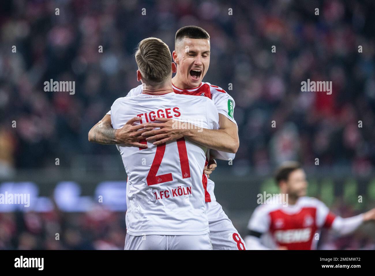 Köln, RheinEnergieStadion, 21.01.23: Denis HuseinBasic (Köln) schiesst das 5:0 Tor und Jubelt ...