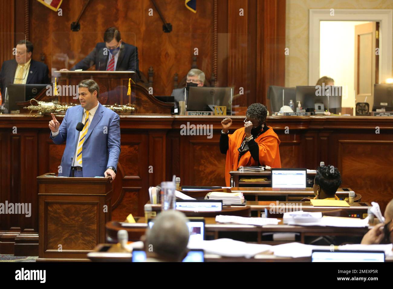 South Carolina Rep.Gilda Cobb-Hunter, D-Orangeburg, right, reacts as ...
