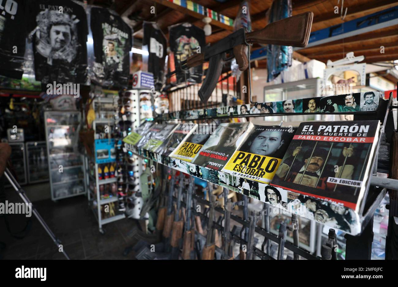Books and souvenirs of late drug baron Pablo Escobar are displayed for ...