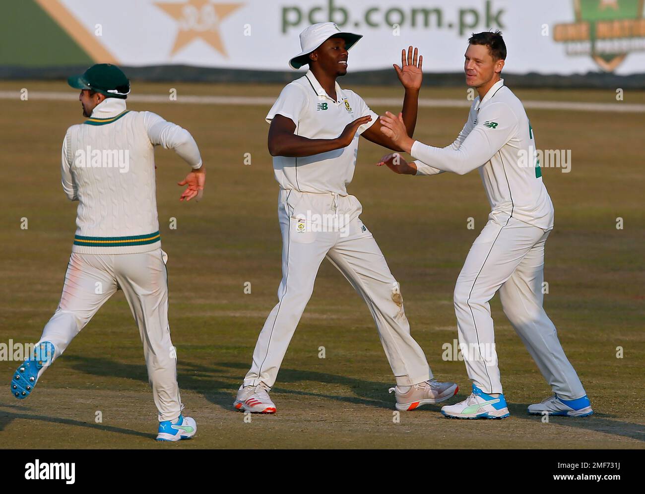 South Africa's George Linde, right, celebrates with teammates after ...