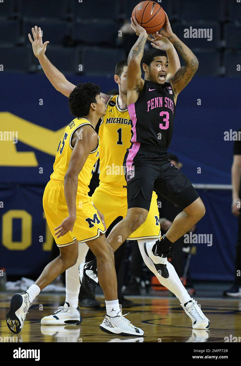 Penn State guard Sam Sessoms looks for an open teammate to pass to ...