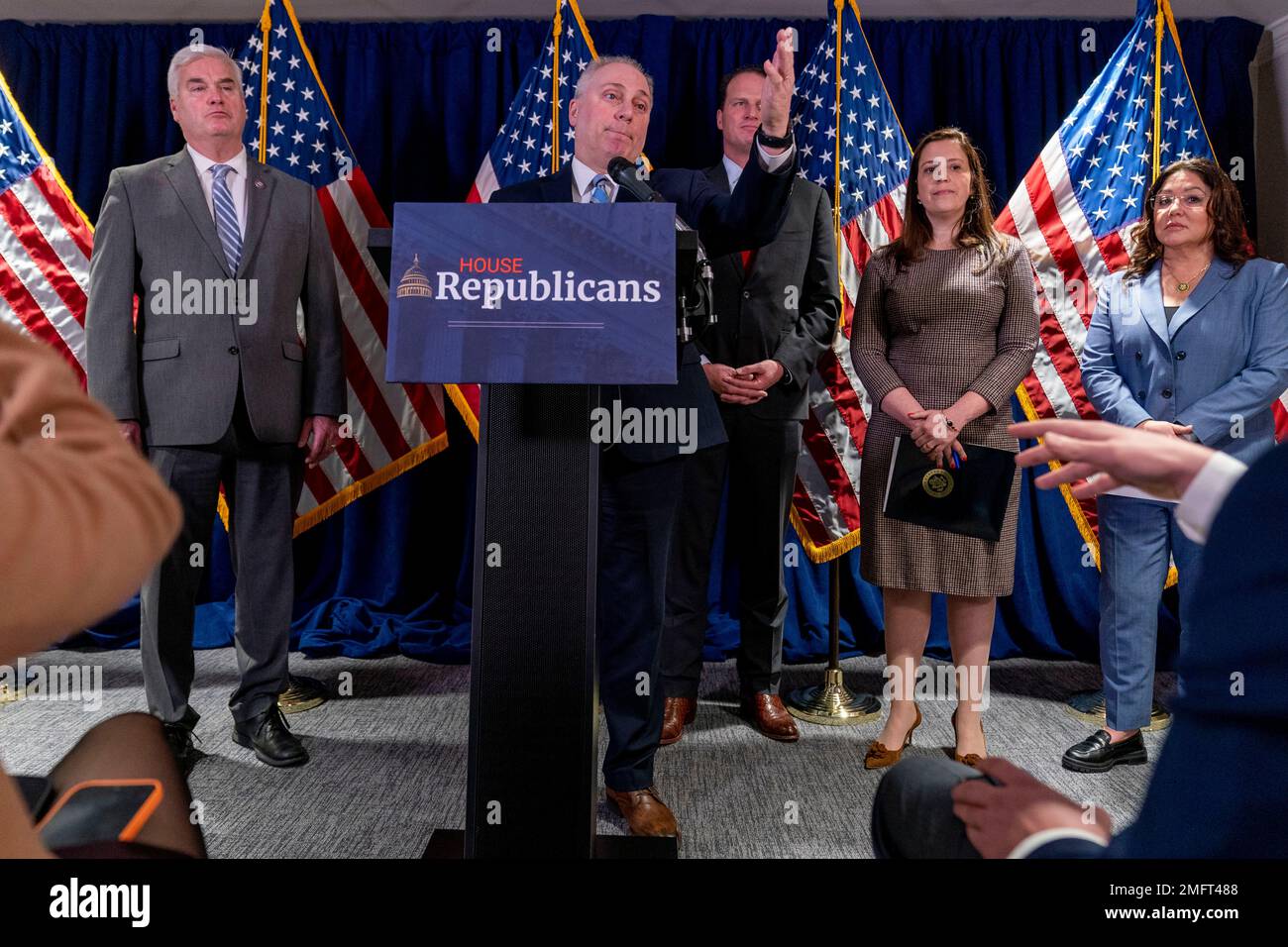House Majority Leader Rep. Steve Scalise, R-La., center, accompanied by ...