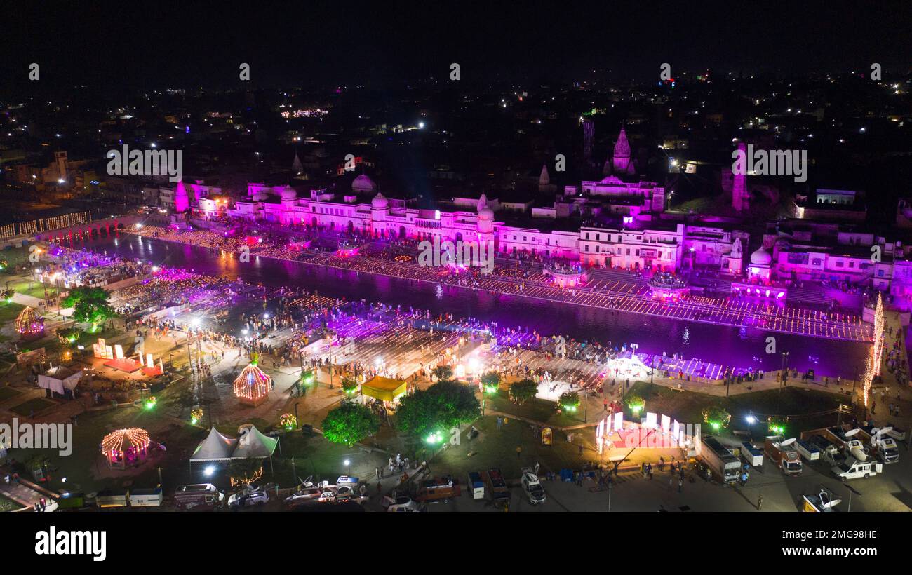 An illuminated city of Ayodhya is seen on the eve of a groundbreaking ...