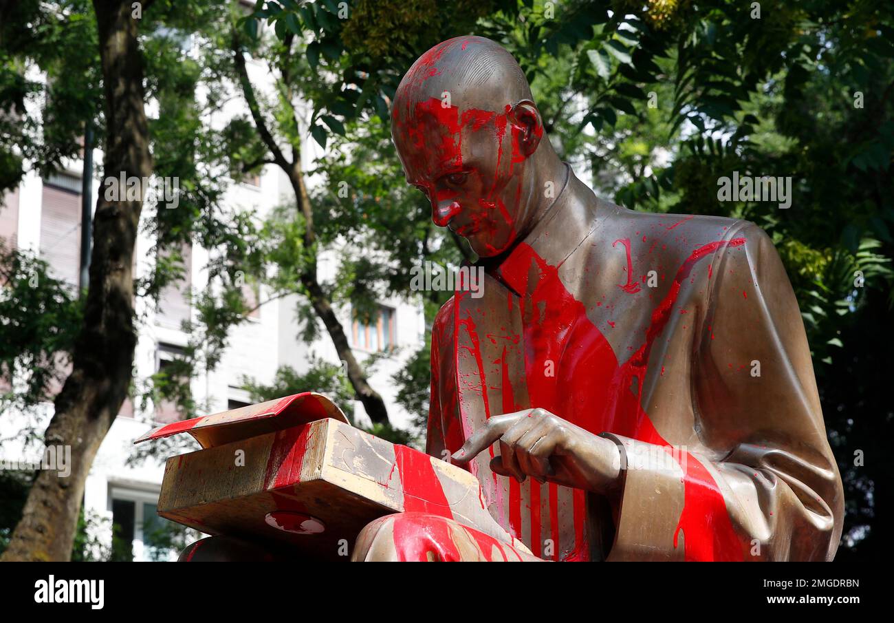 Red paint is seen on a statue of late Italian journalist Indro ...