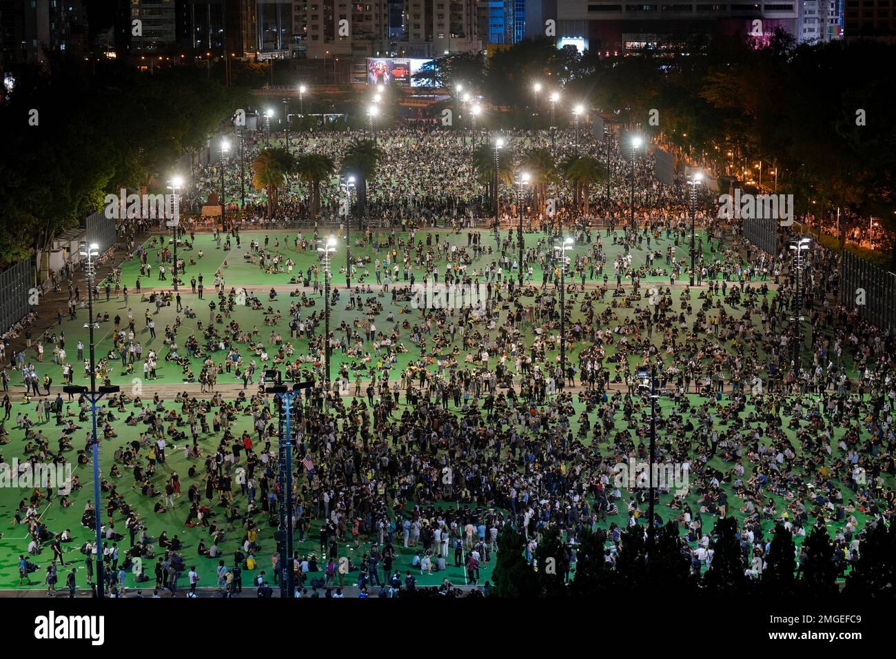 In this aerial view, participants gather for a vigil to remember the ...