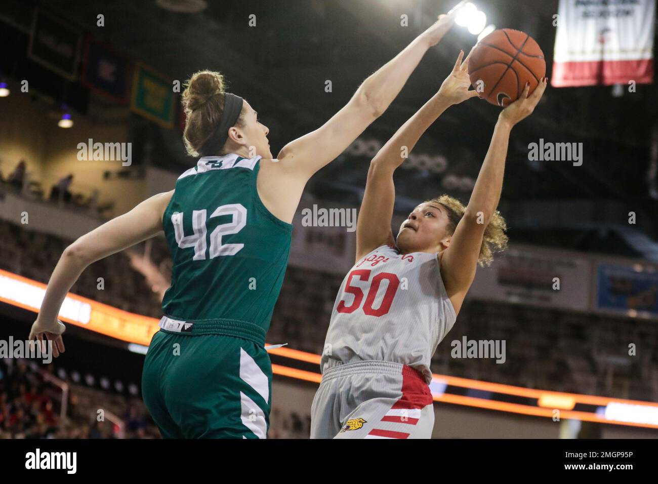IUPUI forward Macee Williams (50) shoots over Green Bay forward ...