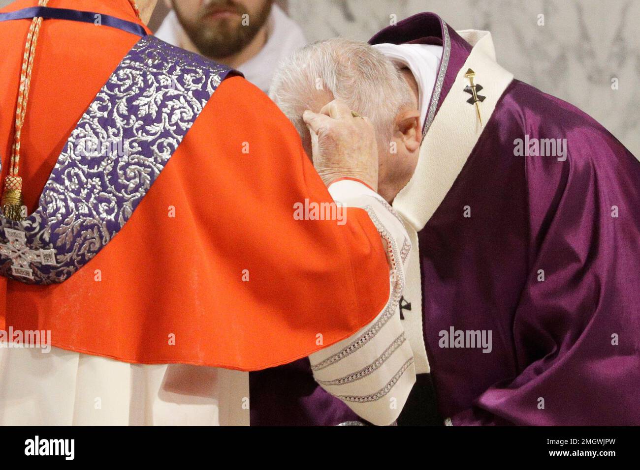 Cardinal Jozef Tomko, left, puts ashes on the forehead of Pope Francis ...