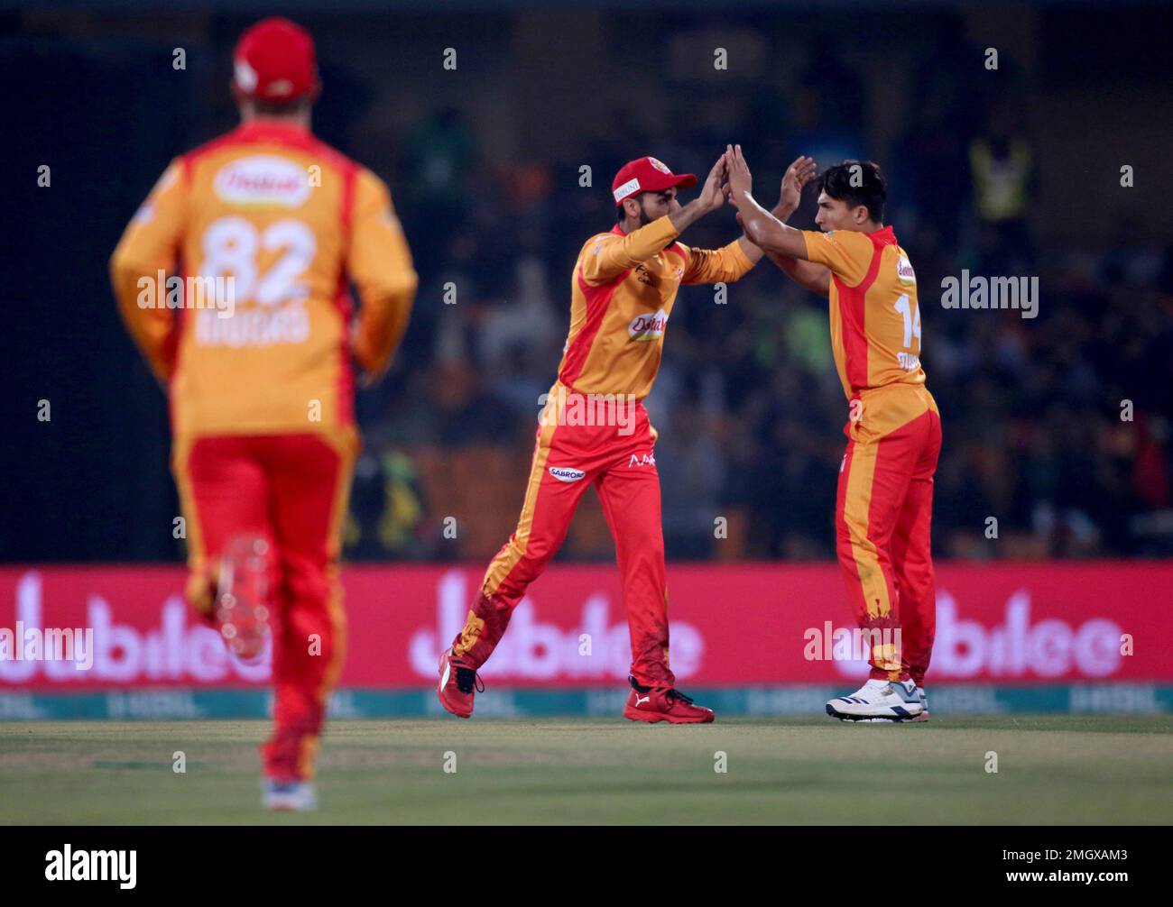 Islamabad United pacer Muhammad Musa, right, celebrates with teammate ...
