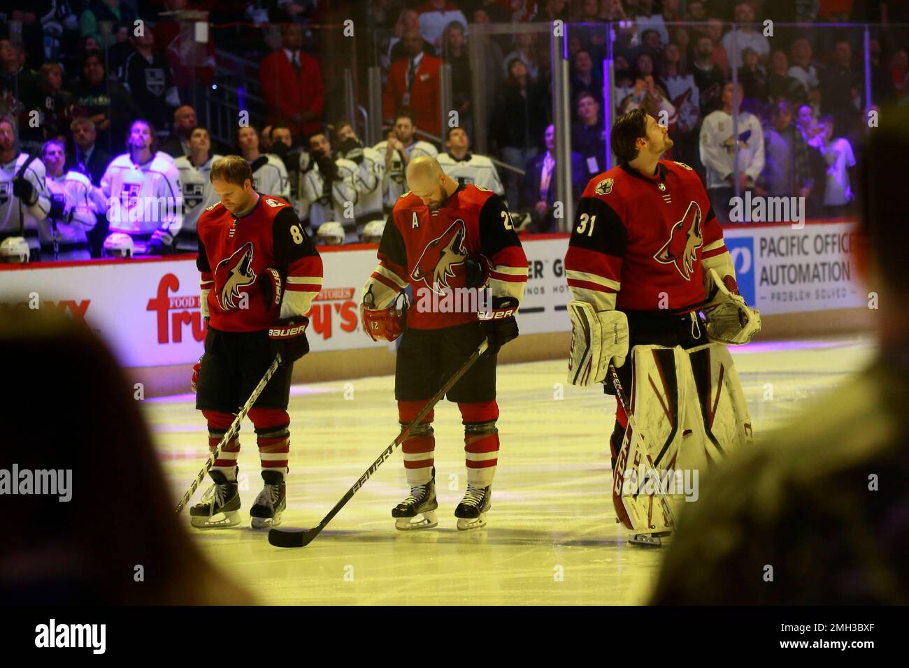 Arizona Coyotes' Phil Kessel, left, Derek Stepan, center, and Adin Hill ...