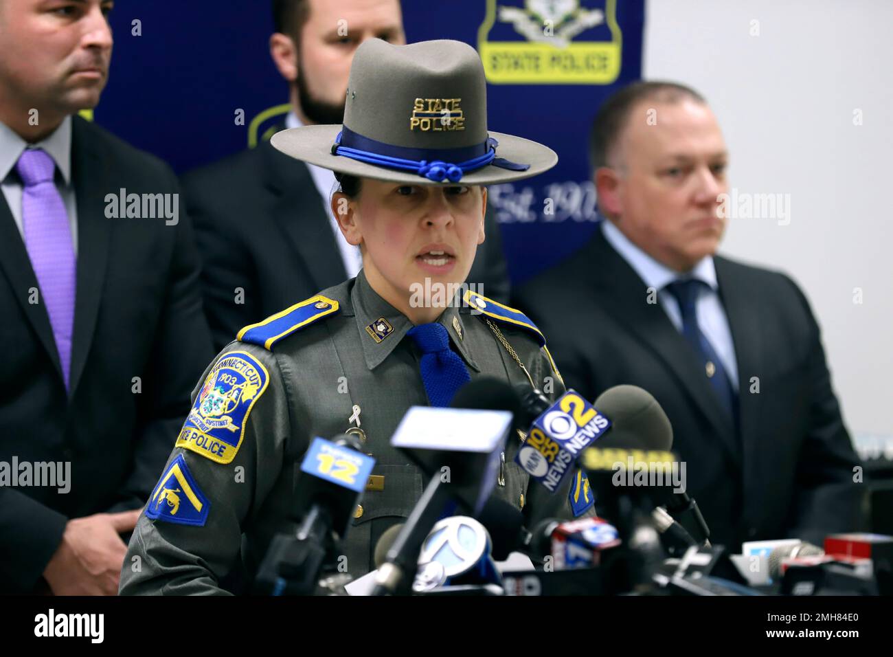 Connecticut State Police information officer Christine Jeltema speaks ...