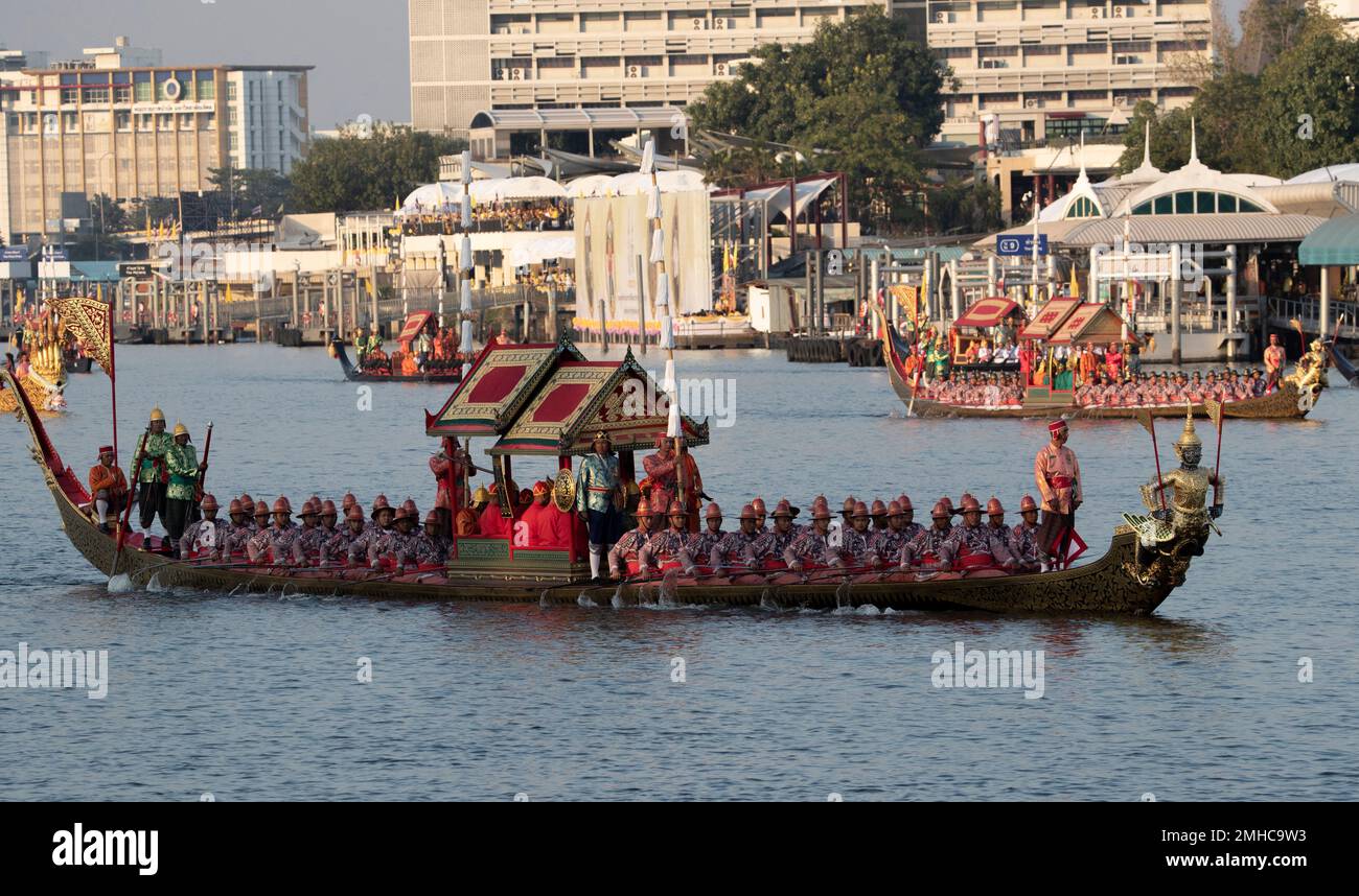Oarsmen paddle their royal barges during the Royal Barge Precession on ...